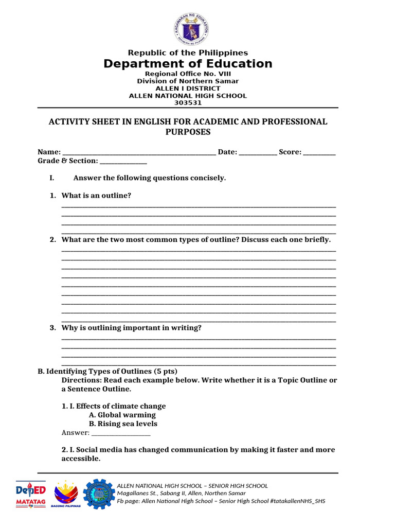 ACTIVITY SHEET Outlining | PDF