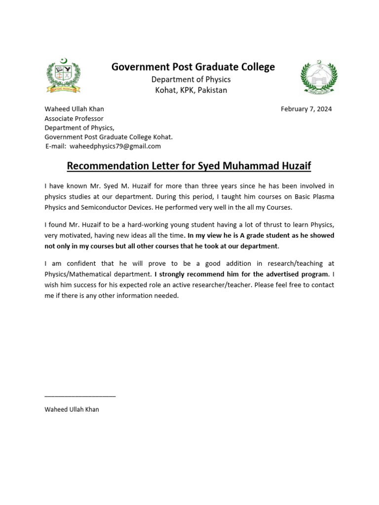 Waheed Reference Letter | PDF