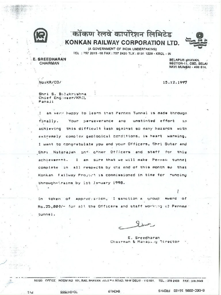 Konkan Railway Letter - Pernem Tunnel | PDF