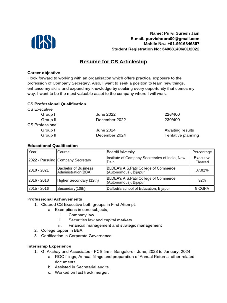 CS Articleship Resume of Purvi Jain | PDF