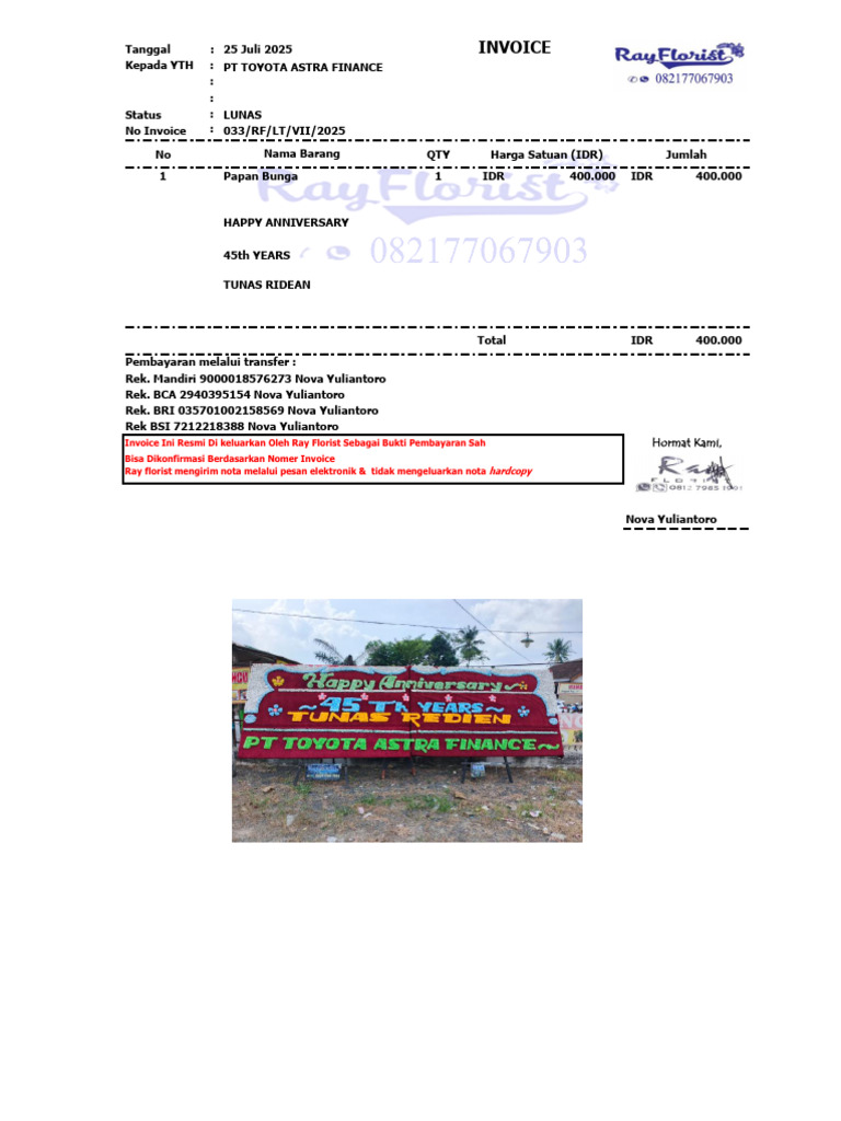 Invoice Ray Florist PT TOYOTA ASTRA FINANCE | PDF