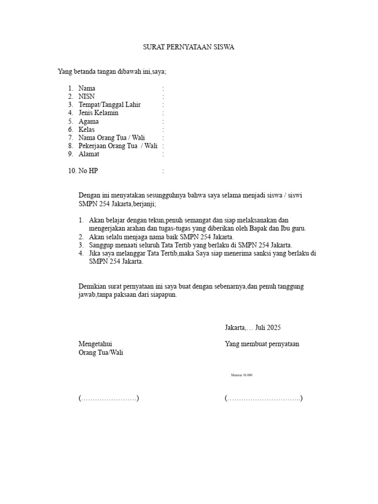 Surat Pernyataan Siswa SMPN 254 | PDF