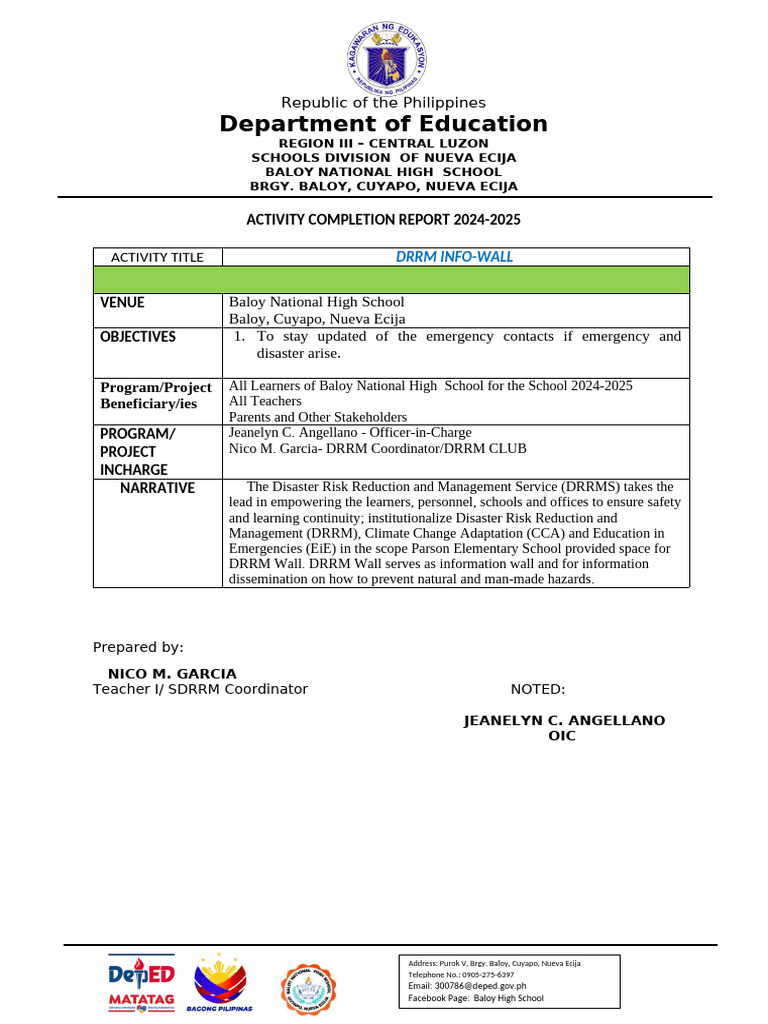 DRRM Info Wall Activity Report 2024-2025 | PDF