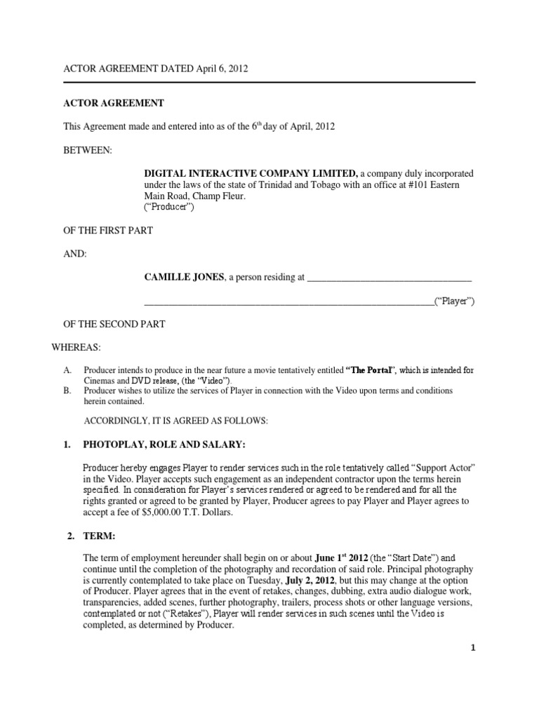 Actors Agreement | Assignment (Law) | Private Law