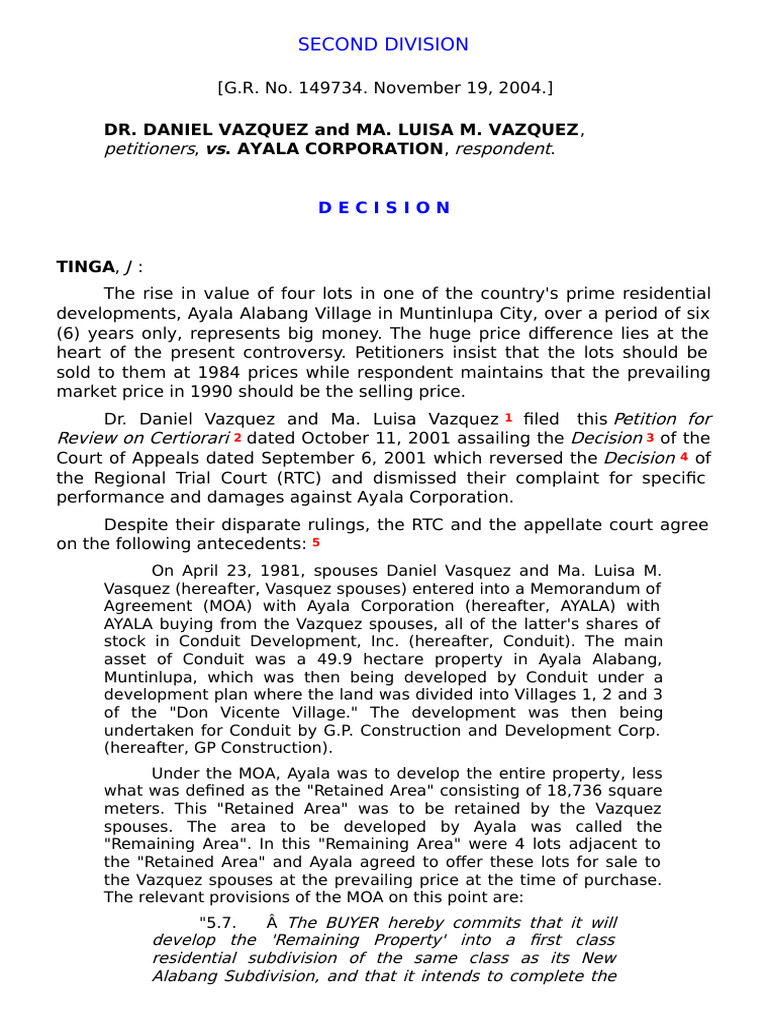 Vasquez vs. Ayala: Lot Sale Dispute | PDF | Option (Finance) | Offer ...