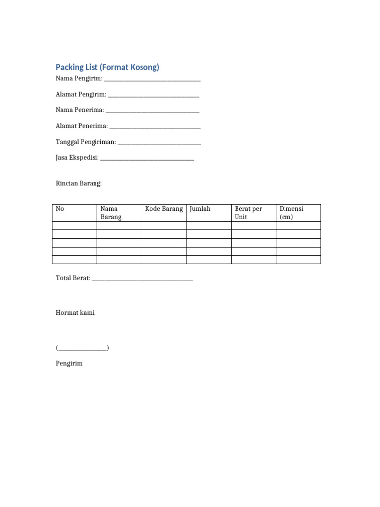 Format Packing List Kosong | PDF