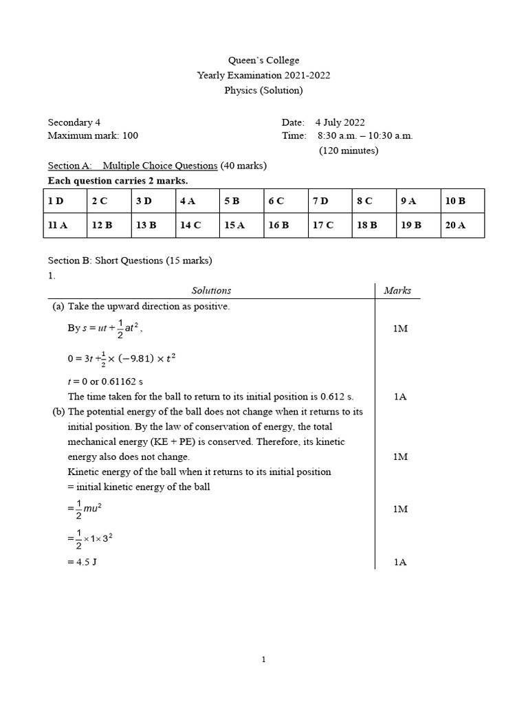 Queen's College Physics Exam Solutions 2021 | PDF | Acceleration ...