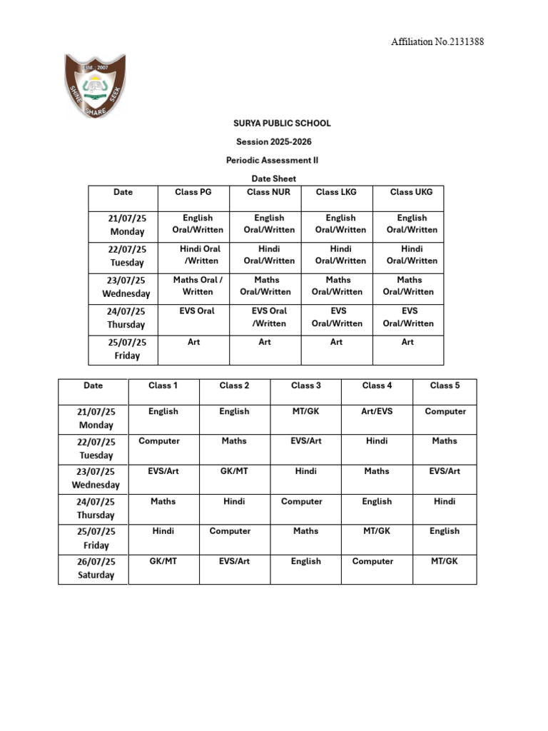 Periodic Assessment 2 Datesheet | PDF