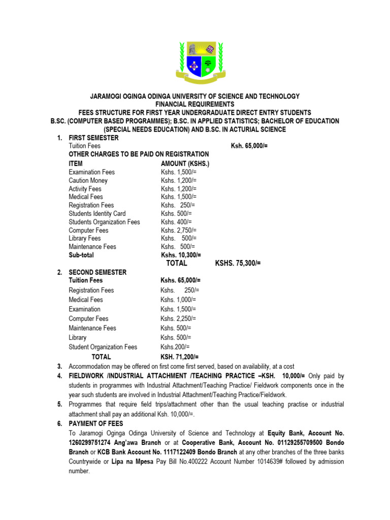 JOOUST First Year Fee Structure | PDF | Fee