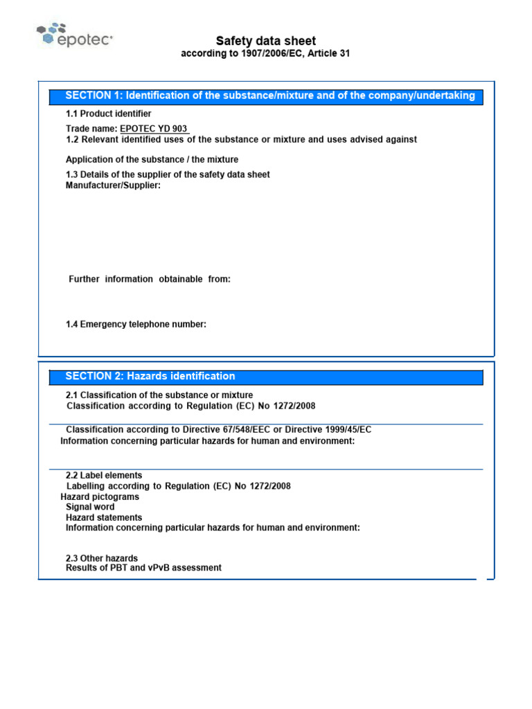 E MSDS Epotec Yd 903 (Eu) - 230215 - TG | PDF | Dangerous Goods | Chemistry