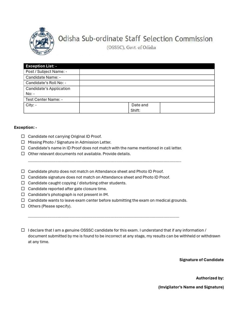 Exam Candidate Exception Checklist | PDF