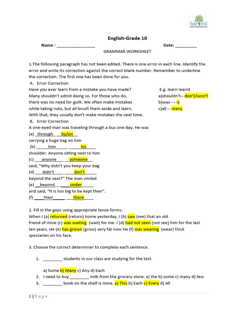 Grade 10 Grammar Worksheet AK | PDF