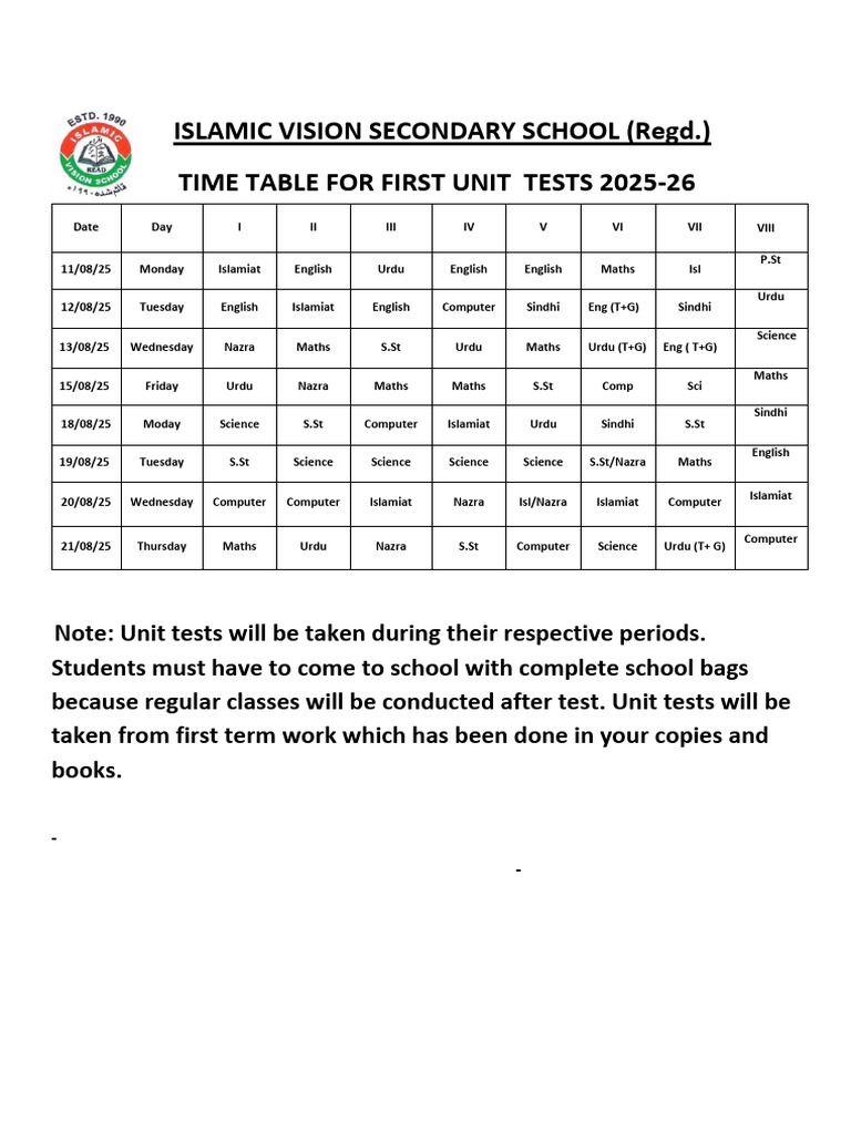 Islamic Vision School Unit Test Timetable | PDF