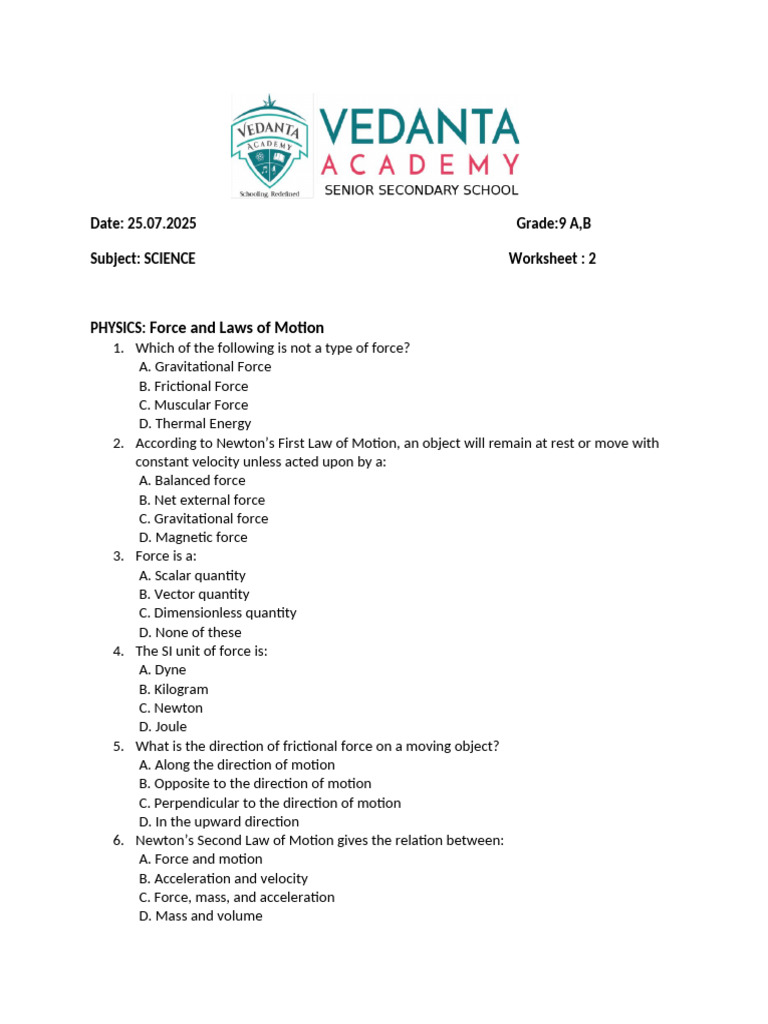 Grade 9 Science Worksheet 2 (25.07.2025) | PDF | Force | Chemistry
