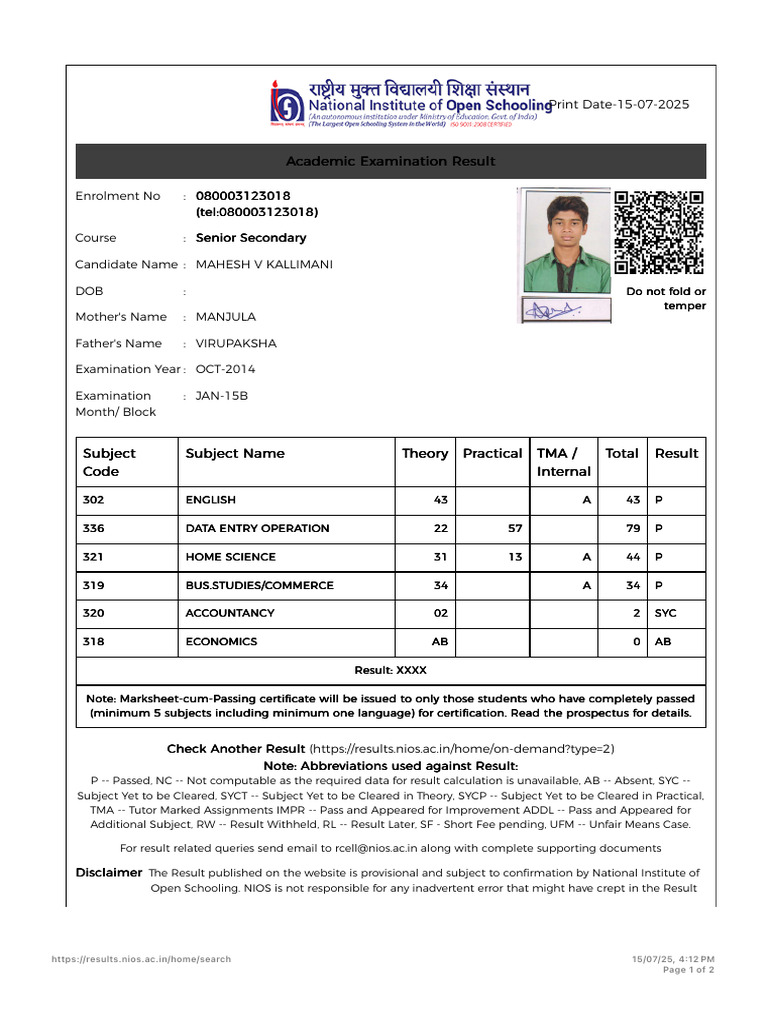 Result - National Institute of Open Schooling-1 | PDF