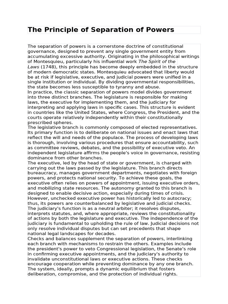 The Principle of Separation of Powers | PDF | Separation Of Powers ...