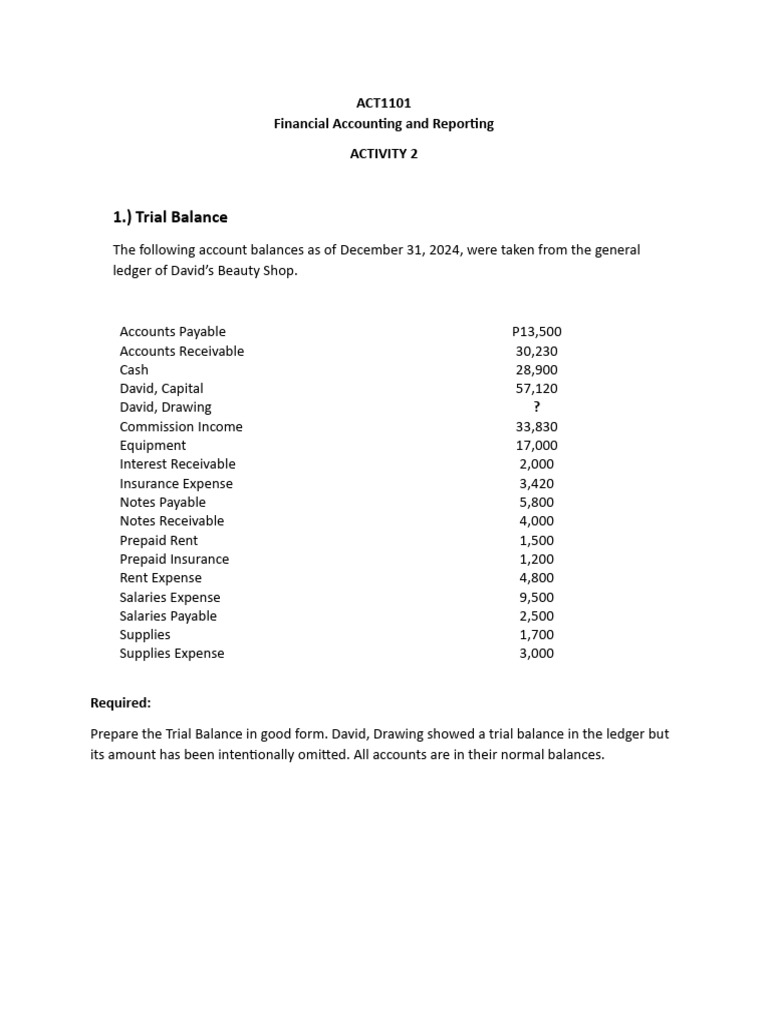 ACT1101 - Activity On Trial Balance and Correcting Entry | PDF | Debits And Credits | Financial ...
