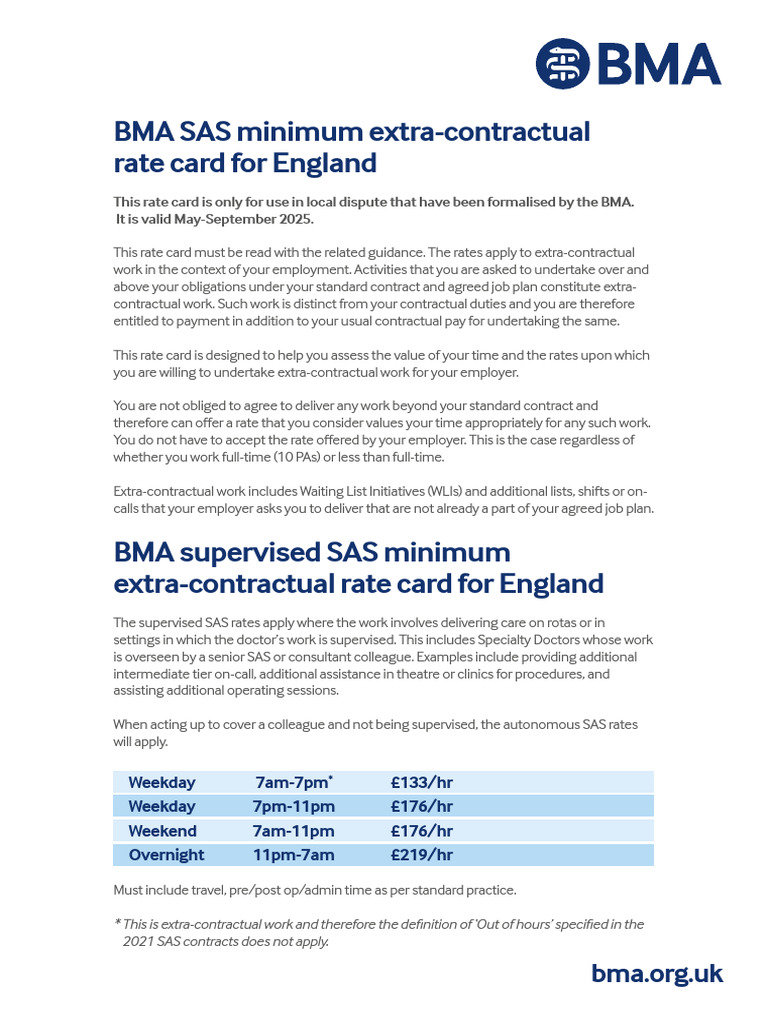 BMA SAS Rate Card 2025 for Extra-Contractual Work | PDF | Social ...