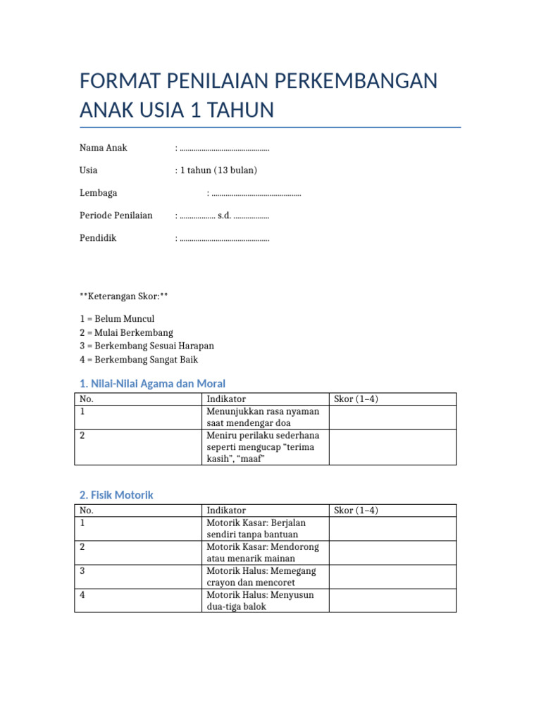 Format Penilaian Perkembangan Anak Usia 1 Tahun | PDF