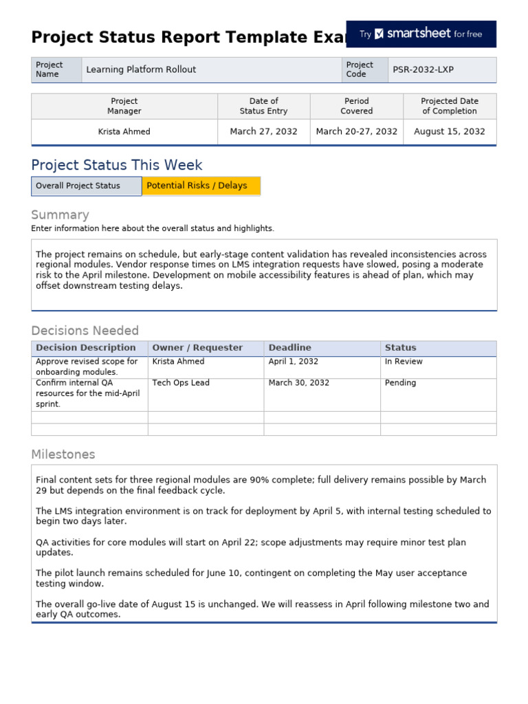 IC Project Status Report Template Example 10776 WORD | PDF | Computing