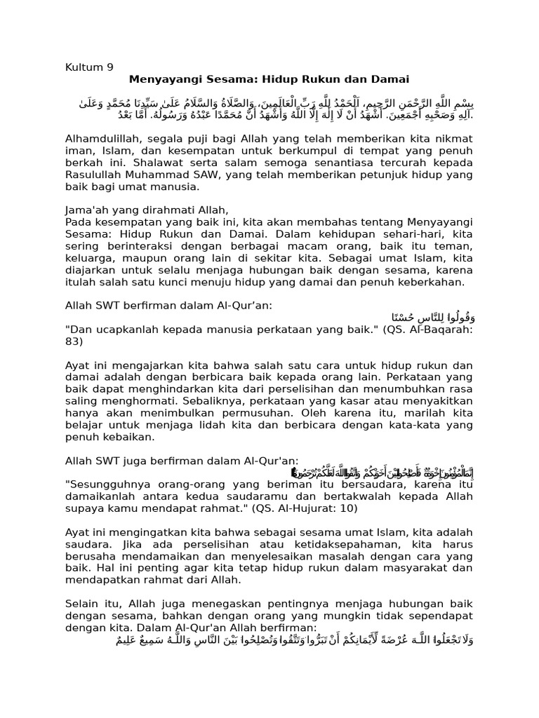 Kultum 9_ Menyayangi Sesama_ Hidup Rukun Dan Damai | PDF