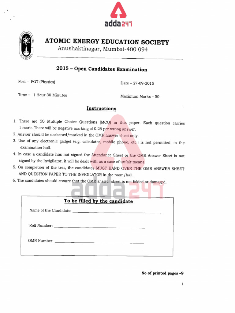 Aees PGT Physics September 2015 Question Paper | PDF | Waves | Capacitor