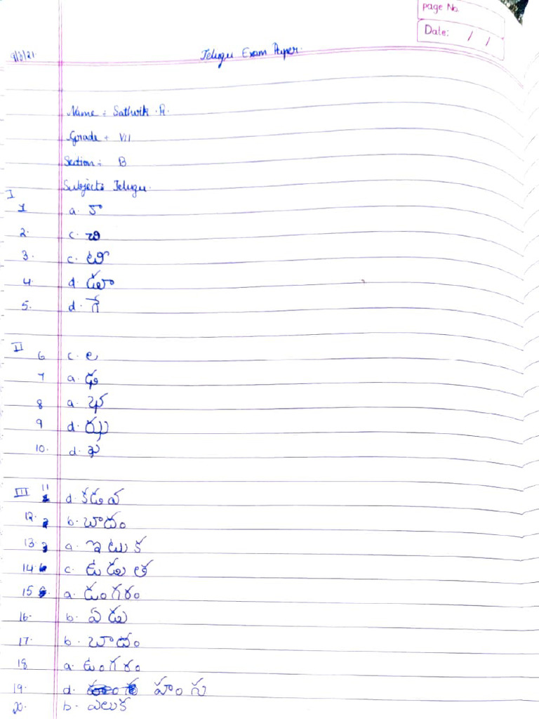 Sathvik 7bs Telugu Exam Paper | PDF