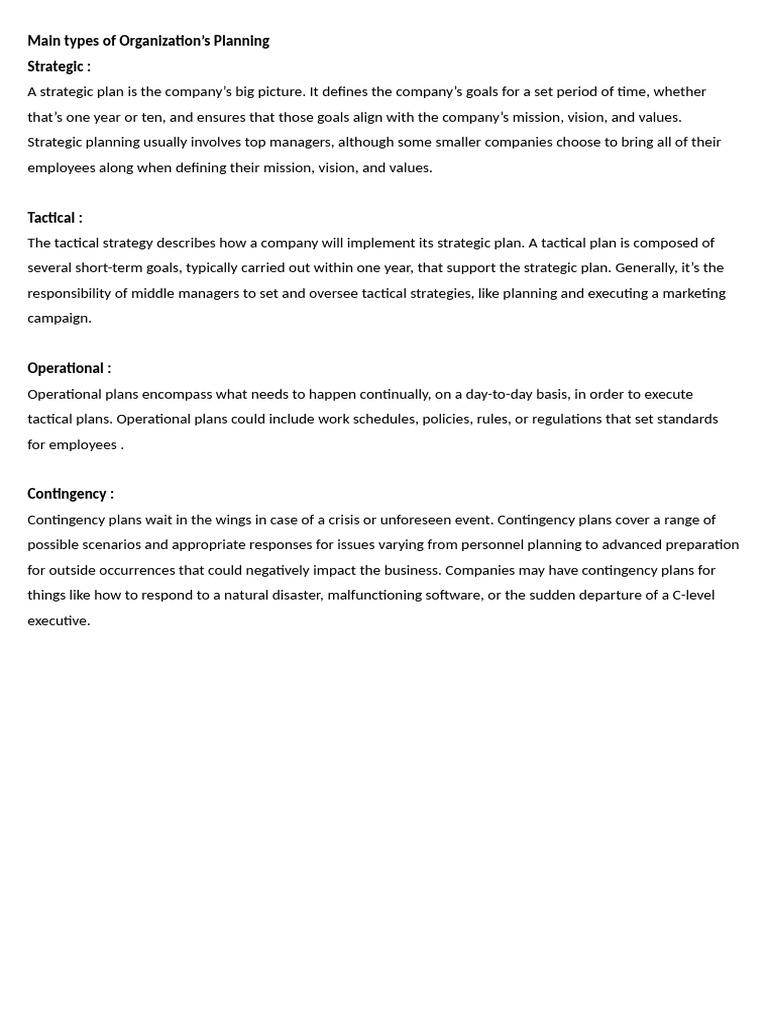 Main Types of Organization's Planning | PDF