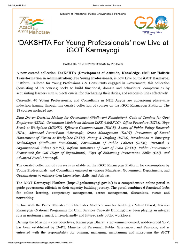 DAKSHTA For Young Professionals' Now Live at iGOT Karmayogi | PDF