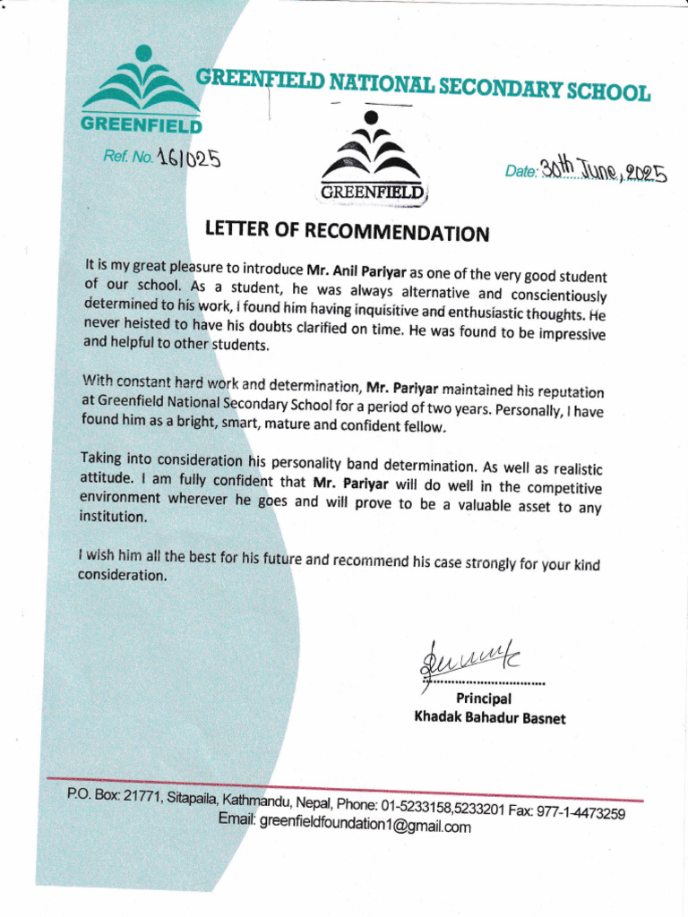 LOR - Anil Pariyar - 20250630 - 0001 | PDF