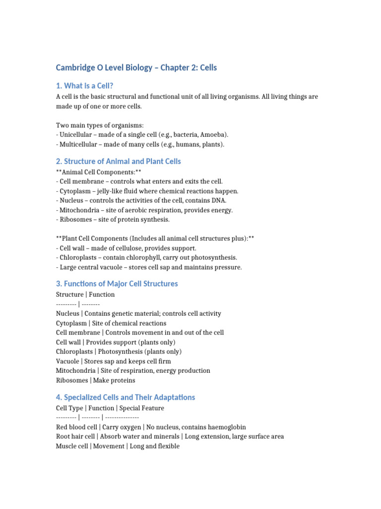 O Level Biology Chapter 2 Notes | PDF | Cell (Biology) | Biology