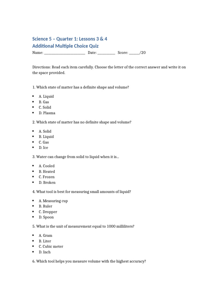 Science 5 Quiz L3 L4 Set2 | PDF | Volume | Litre
