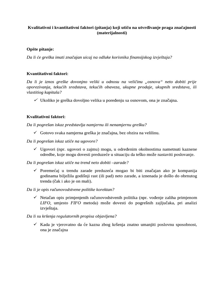 Kvantitativni I Kvalitativni Faktori Materijalnosti | PDF
