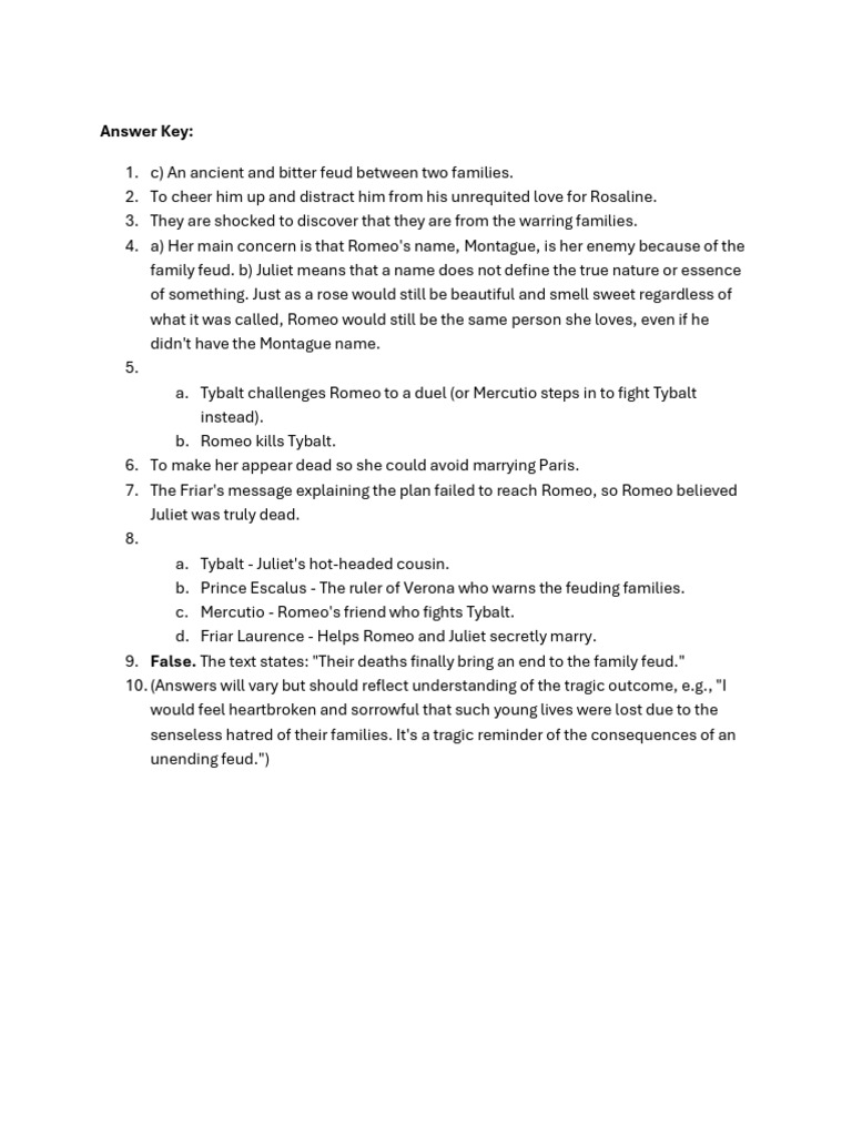 Romeo and Juliet Grade 9 Answer Key | PDF