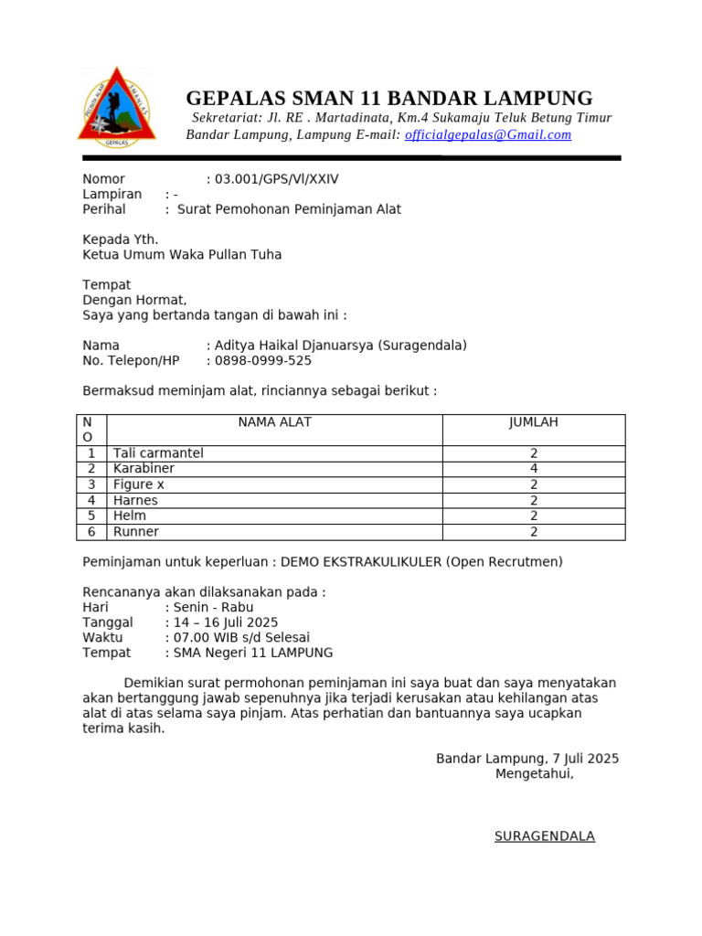 Surat Peminjaman Alat Untuk Demos Ubl-1 | PDF