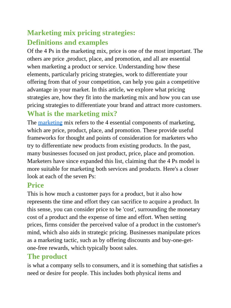 Marketing Mix Pricing Strategies | PDF | Marketing | Pricing