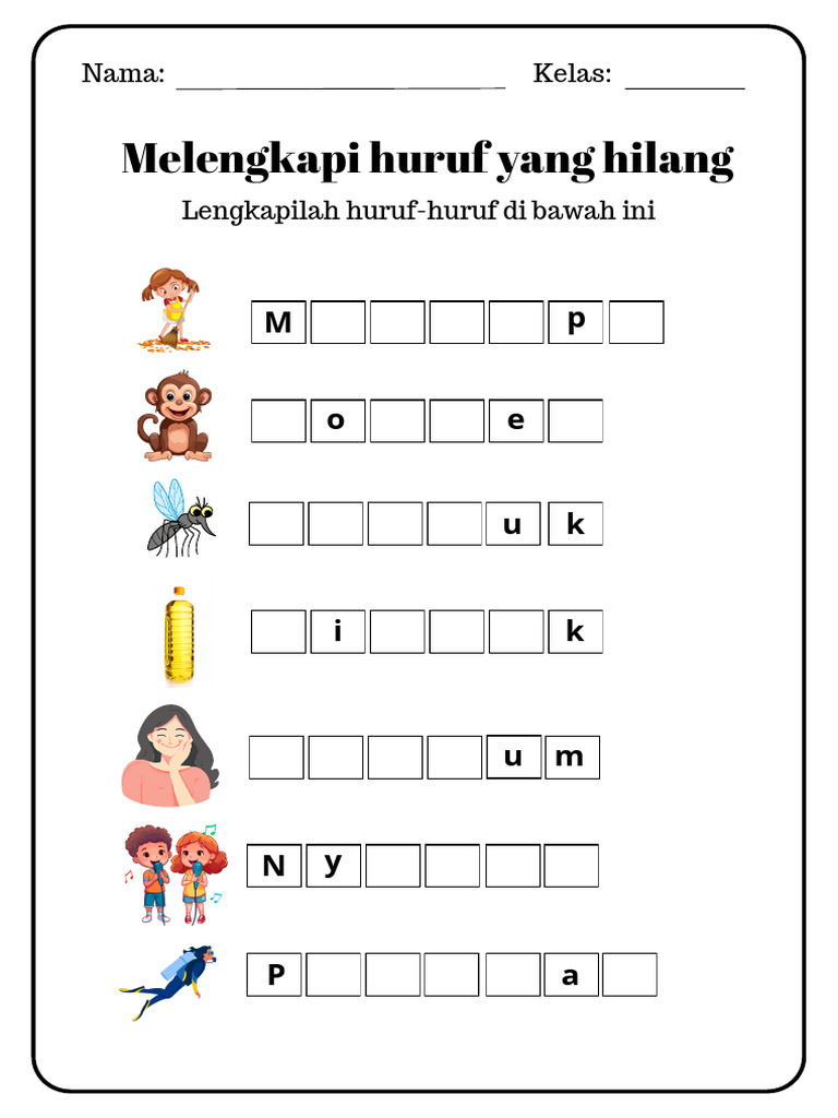 Lembar Kerja Melengkapi Huruf Kelas 1 | PDF