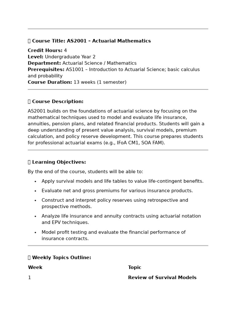 As2001 Actuarial Mathematics Course Outline Pdf Actuarial Science