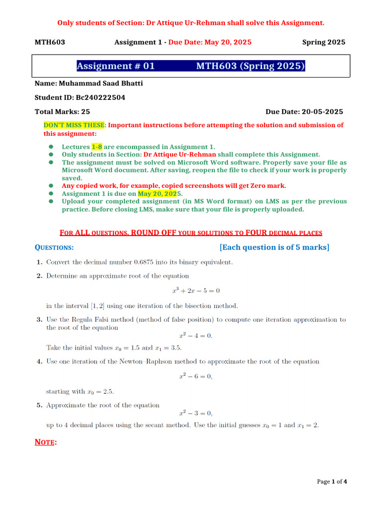 Spring 2025 - MTH603 - 1 - BC240222504 | PDF | Microsoft Word | Arithmetic