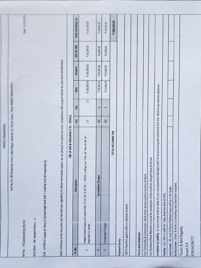 Quotation of Racks | PDF
