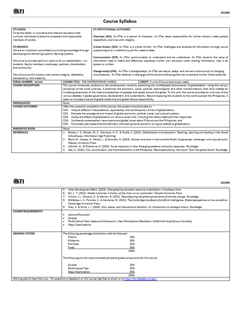 GE2406 - The Contemporary World (Syllabus-Outline) | PDF ...