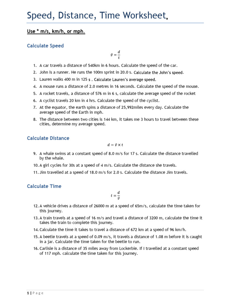 Speed, Distance, Time Worksheet | PDF | Speed