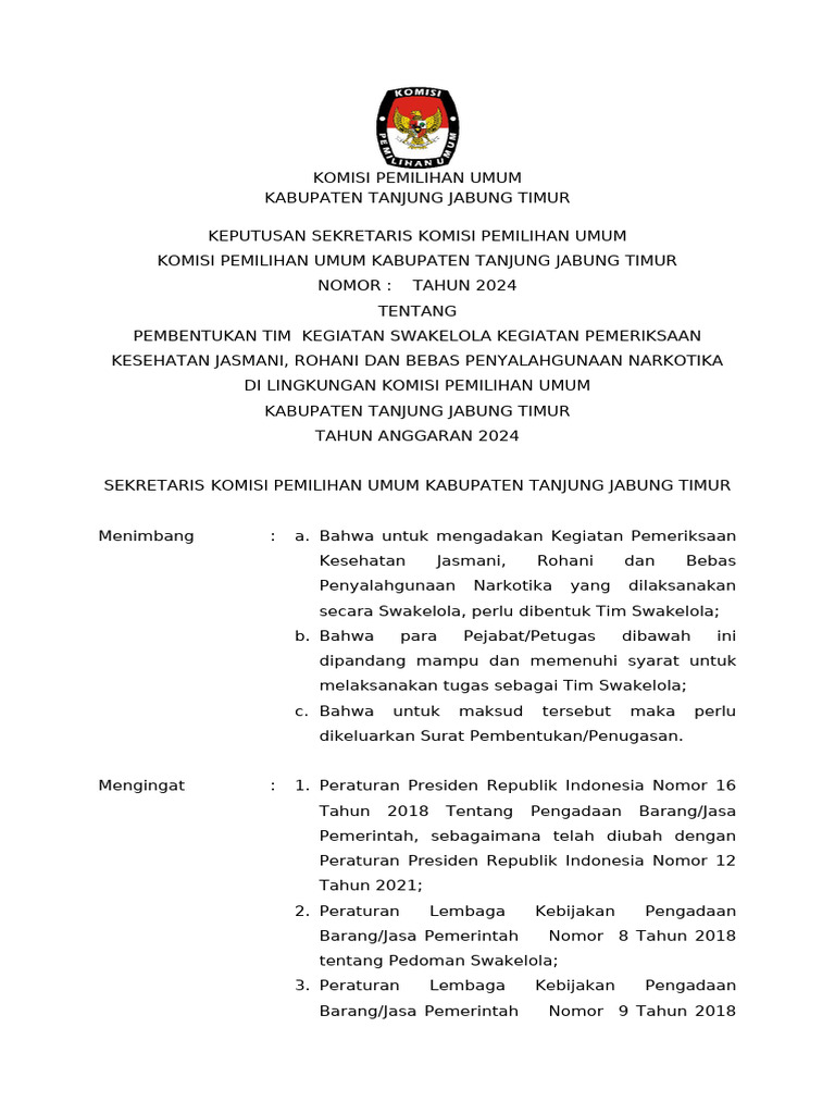 Surat Keputusan Tim Swakelola Tipe 2 TJT | PDF