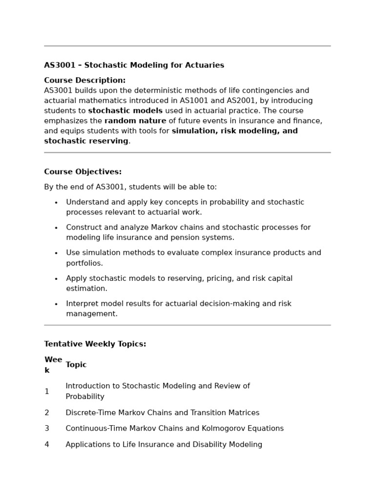 AS3001 Stochastic Modeling For Actuaries - Course Overview | PDF