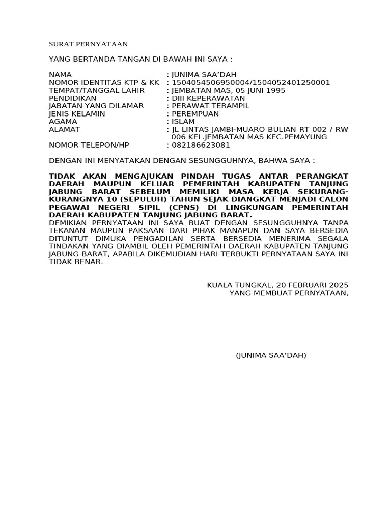 Surat Pernyataan Junima Saa'dah | PDF