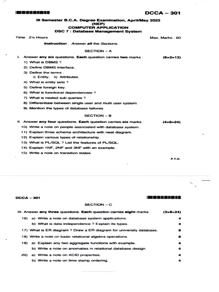 BCA DBMS Exam Papers 2023-2024 | PDF | Databases | Relational Database