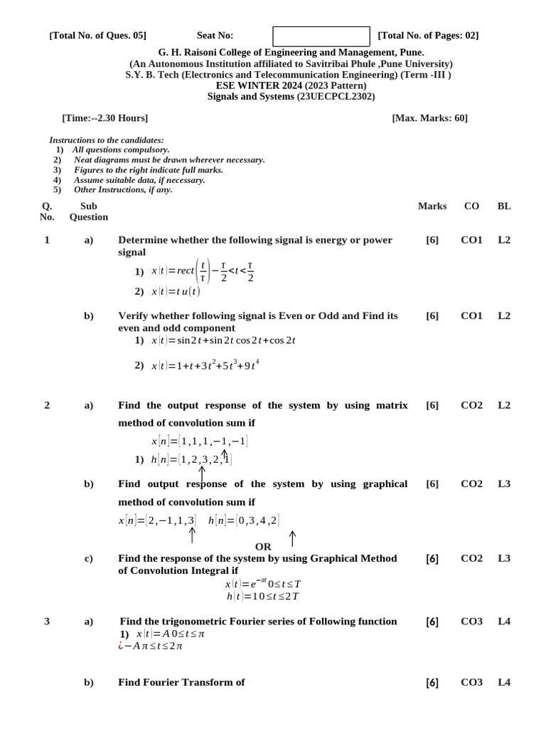 Signals and Systems Exam Paper 2024 | PDF | Electronics