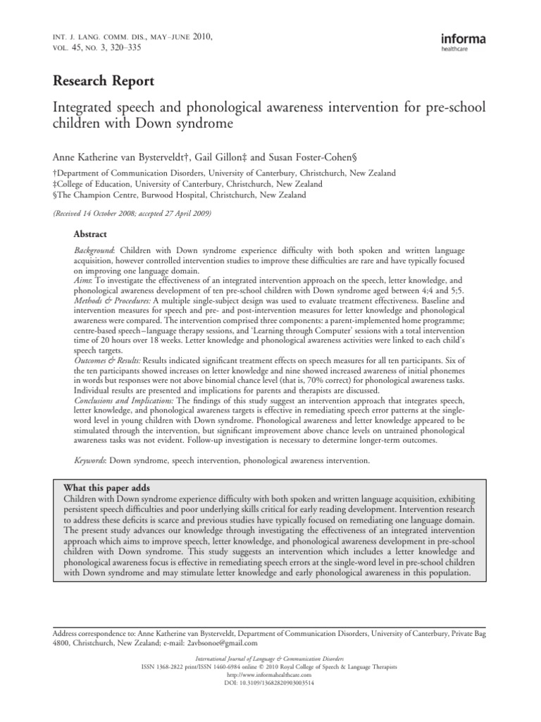 Integrated Speech and Phonological Awareness Intervention For Pre ...