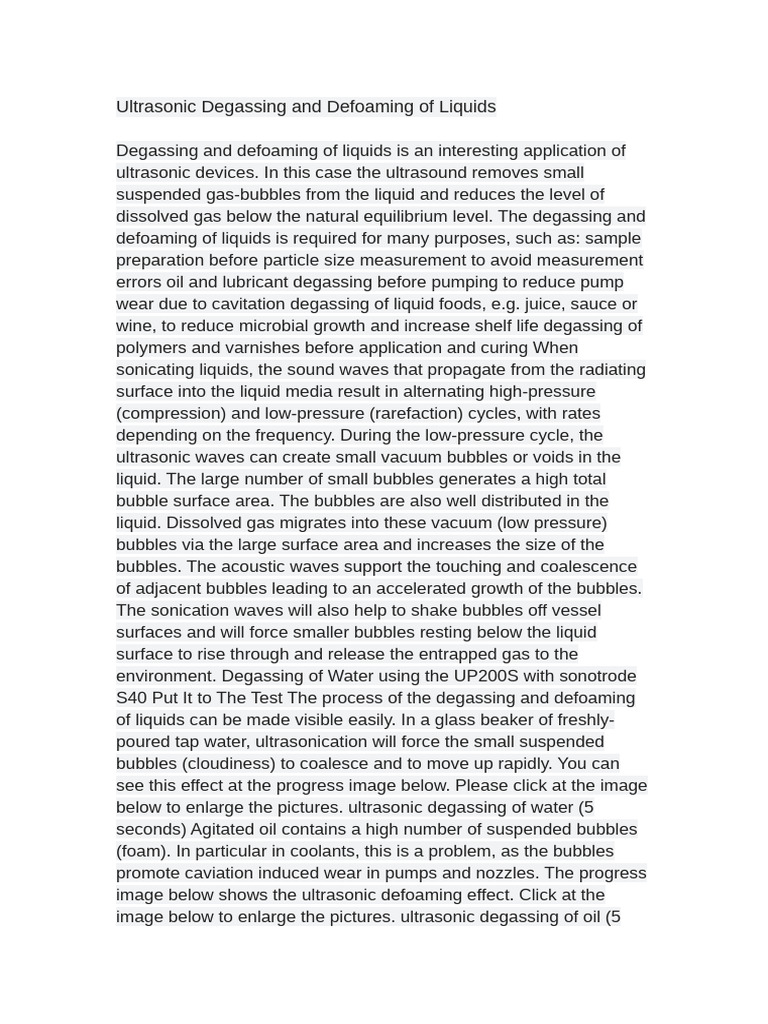 Ultrasonic Degassing and Defoaming of Liquids | PDF | Emulsion | Liquids