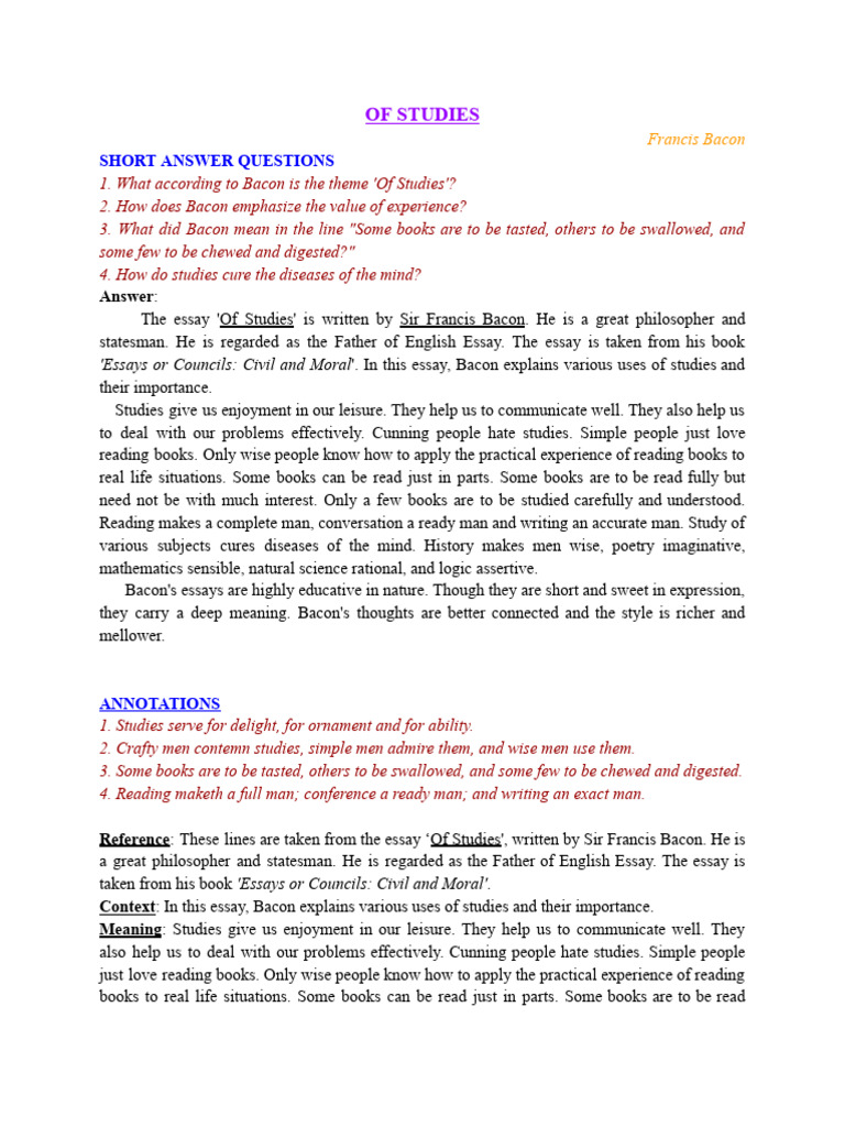'Of STUDIES' Annotations & Questions | PDF | Essays | Experience